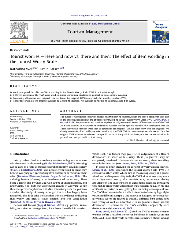 (PDF) Tourist worries – Here and now vs. there and then: The effect of ...