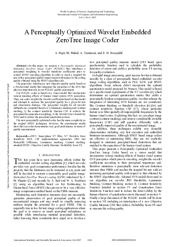 (PDF) A Perceptually Optimized Wavelet Embedded Zero Tree Image Coder