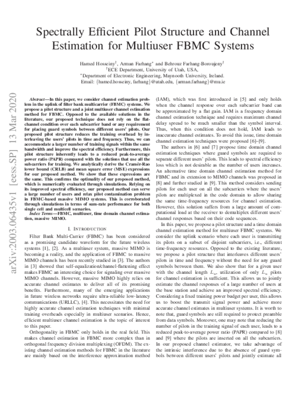 (PDF) Spectrally Efficient Pilot Structure and Channel Estimation for Multiuser FBMC Systems