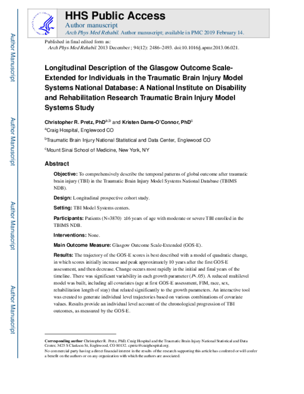 (PDF) Longitudinal Description of the Glasgow Outcome Scale-Extended ...