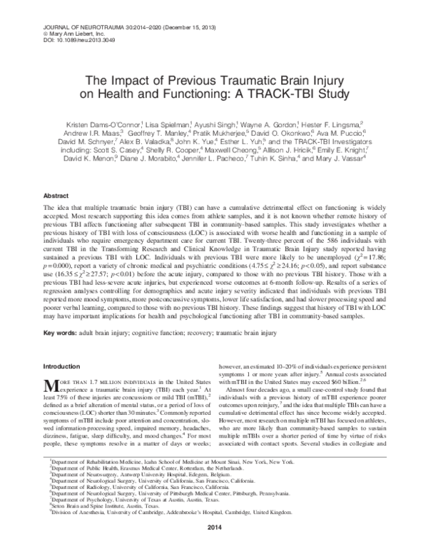 (PDF) The Impact of Previous Traumatic Brain Injury on Health and Functioning: A TRACK-TBI Study