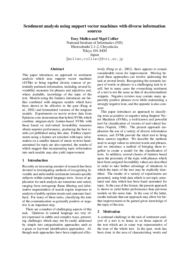 Pdf Sentiment Analysis Using Support Vector Machines With Diverse Information Sources