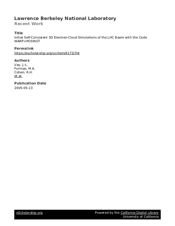(PDF) Initial Self-Consistent 3D Electron-Cloud Simulations of the LHC Beam with the Codewarp ...
