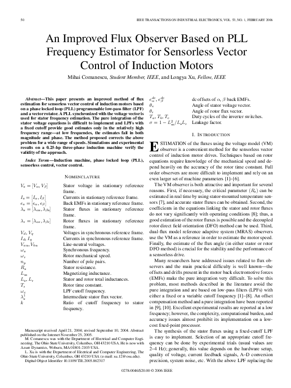 (PDF) An improved flux observer based on PLL frequency estimator for sensorless vector control ...