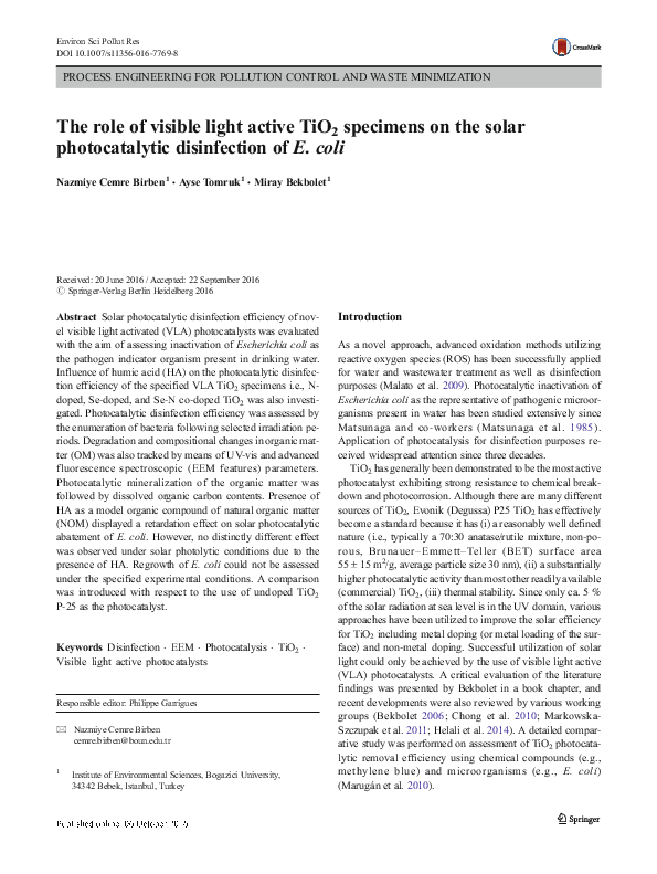 (PDF) The role of visible light active TiO2 specimens on the solar photocatalytic disinfection ...