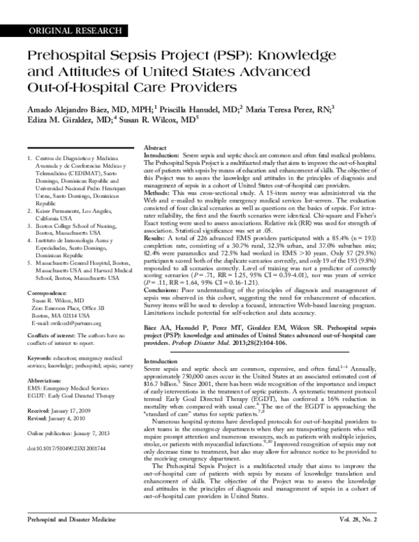 (PDF) Prehospital Sepsis Project (PSP): Knowledge and Attitudes of ...