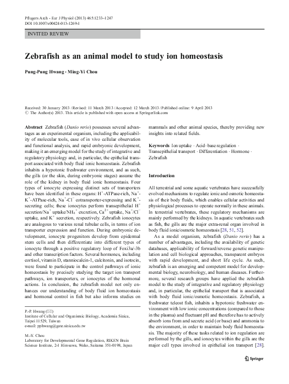 (PDF) Zebrafish as an animal model to study ion homeostasis