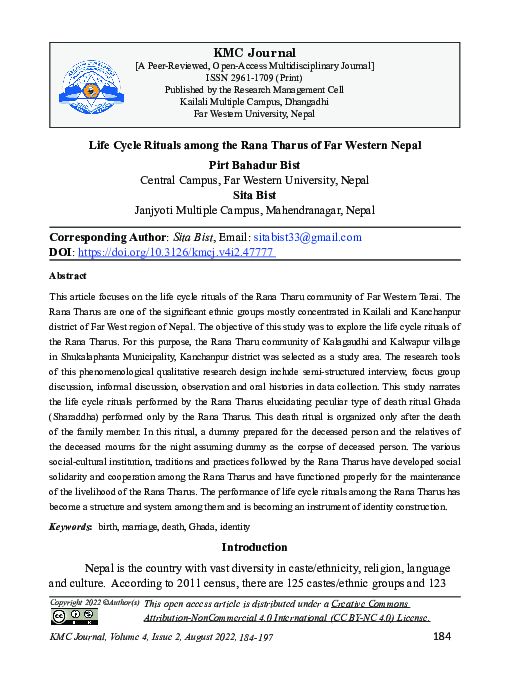 (PDF) Life Cycle Rituals among the Rana Tharus of Far Western Nepal