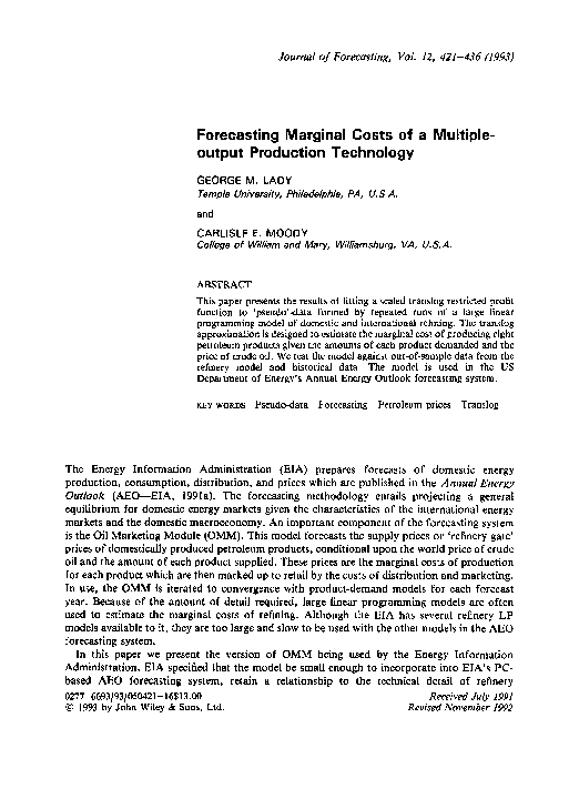 (PDF) Forecasting marginal costs of a multiple-output production technology