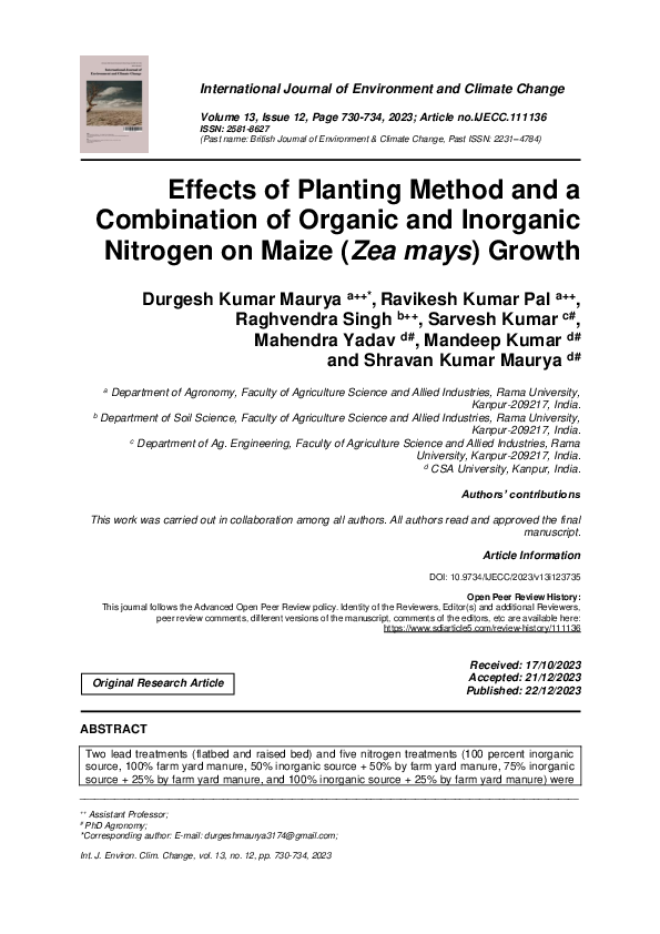 (PDF) Effects of Planting Method and a Combination of Organic and Inorganic Nitrogen on Maize ...