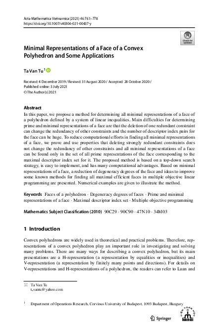 (PDF) Minimal Representations of a Face of a Convex Polyhedron and Some ...