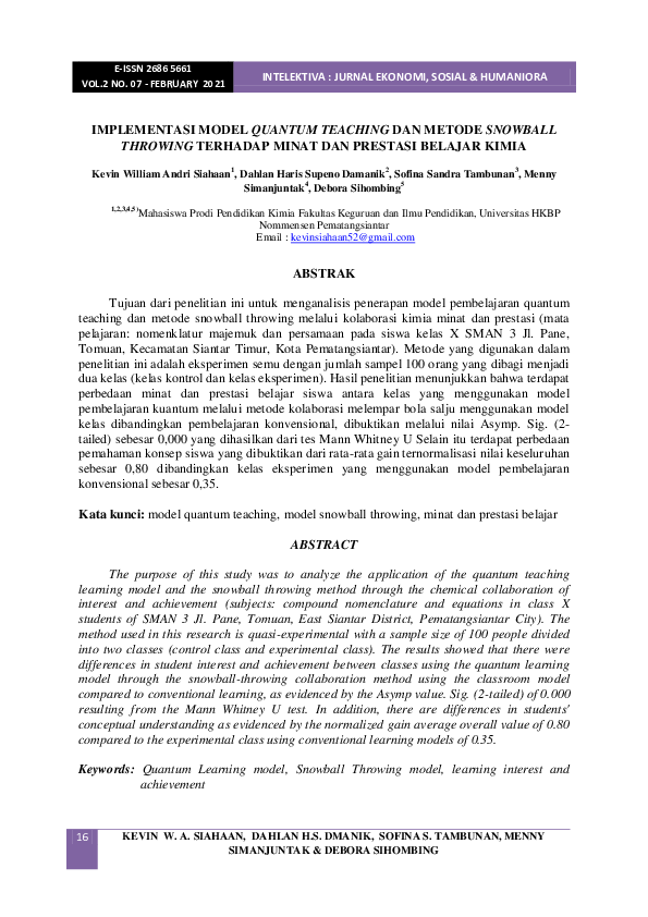 (PDF) Implementasi Model Quantum Teaching Dan Metode Snowball Throwing Terhadap Minat Dan ...