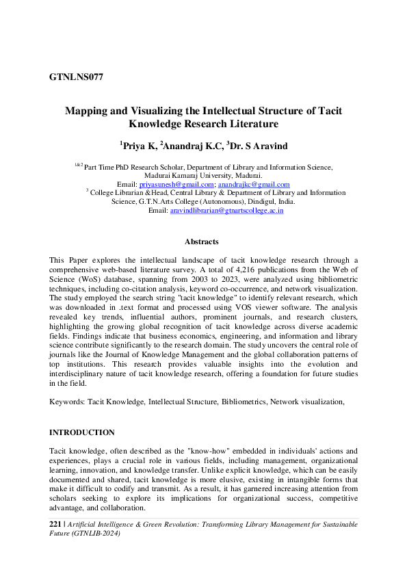 (PDF) Mapping and Visualizing the Intellectual Structure of Tacit Knowledge Research Literature