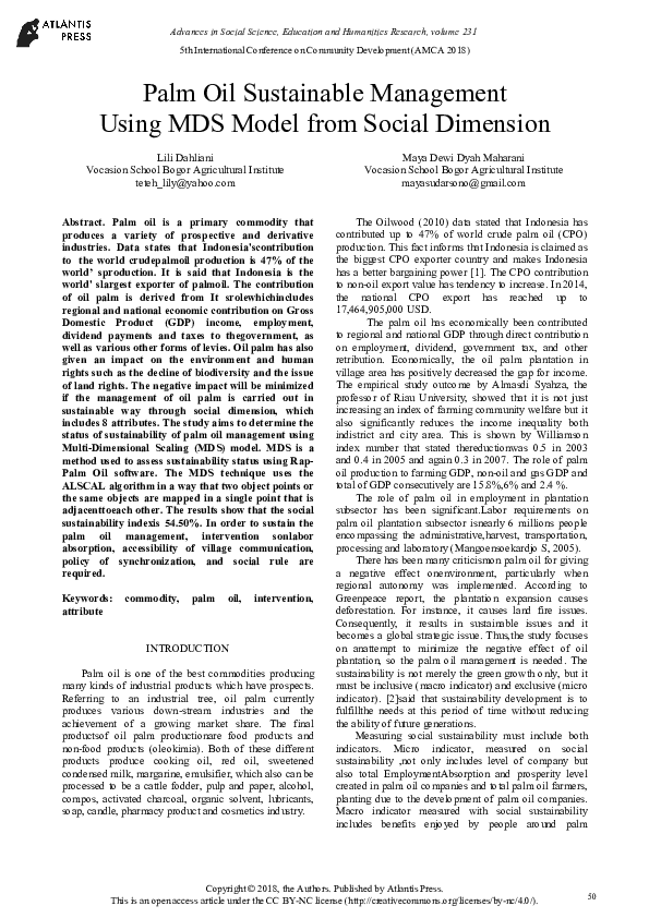(PDF) Palm Oil Sustainable Management Using MDS Model from Social Dimension