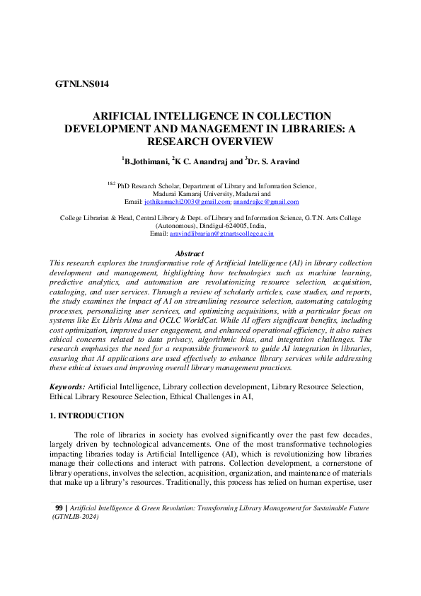 (PDF) Artificial Intelligence in Collection Development and Management in Libraries