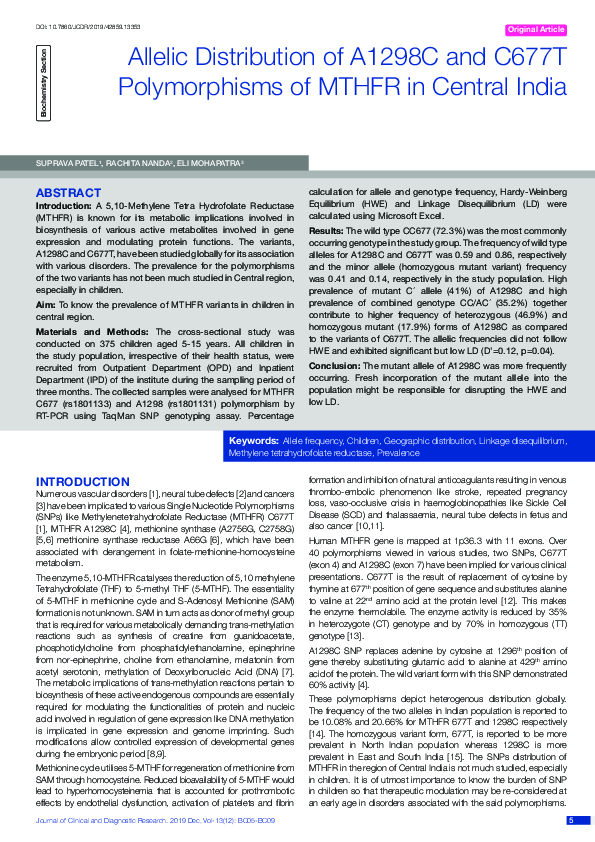 (PDF) Allelic Distribution of A1298C and C677T Polymorphisms of MTHFR ...