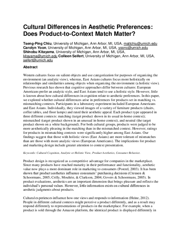 (PDF) Cultural Differences in Aesthetic Preferences: Does Product-to ...