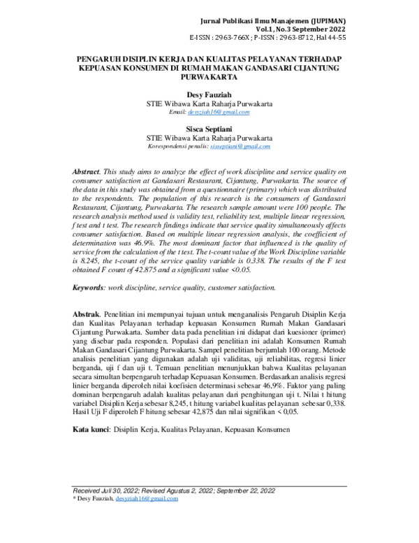 (PDF) Pengaruh Disiplin Kerja Dan Kualitas Pelayanan Terhadap Kepuasan Konsumen DI Rumah Makan ...