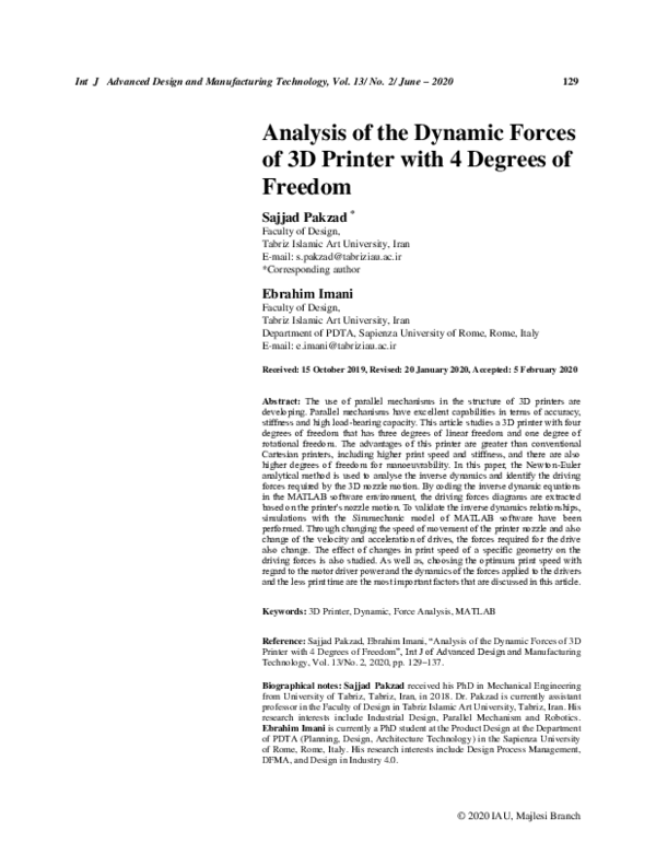 (PDF) Analysis of the Dynamic Forces of 3D Printer with 4 Degrees of ...