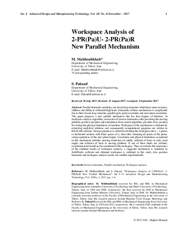 (PDF) Workspace Analysis of 2-PR(Pa)U- 2-PR(Pa)R New Parallel Mechanism