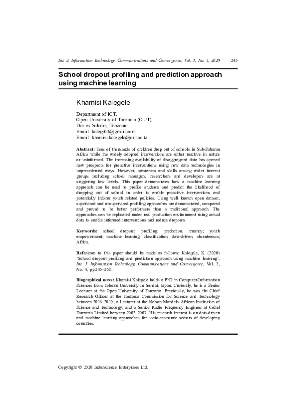 (PDF) School dropout profiling and prediction approach using machine learning