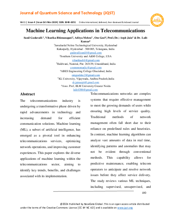 (PDF) Machine Learning Applications in Telecommunications