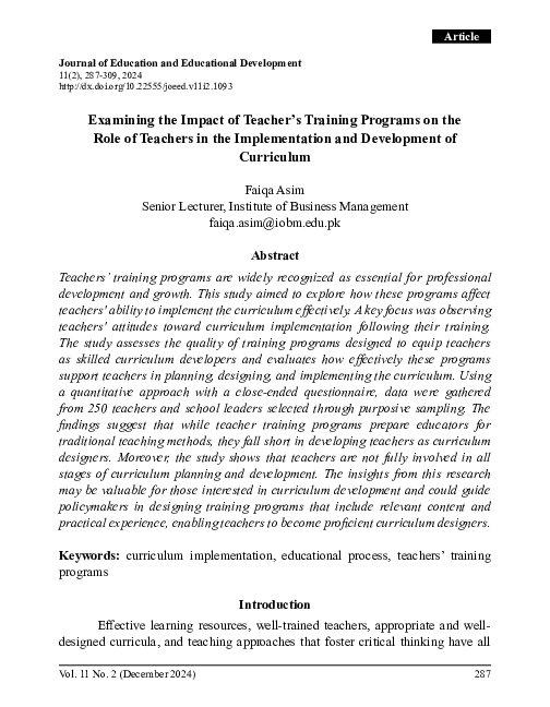 (PDF) Examining the Impact of Teacher’s Training Programs on the Role ...