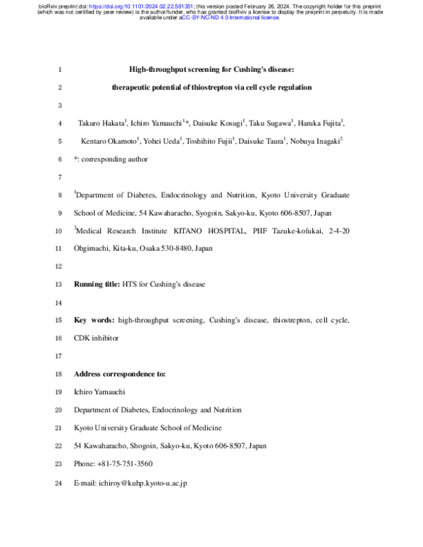(PDF) High-throughput screening for Cushing's disease: therapeutic potential of thiostrepton via ...