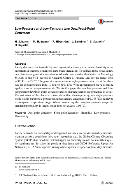 (PDF) Low-Pressure and Low-Temperature Dew/Frost-Point Generator