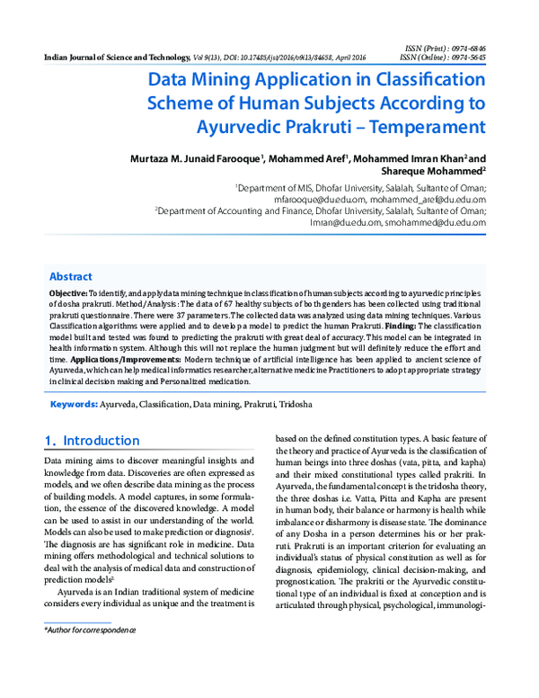 (PDF) Data Mining Application in Classification Scheme of Human Subjects According to Ayurvedic ...