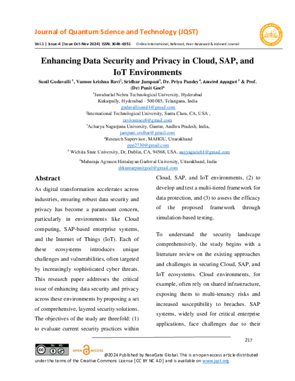 (PDF) Enhancing Data Security and Privacy in Cloud, SAP, and IoT Environments