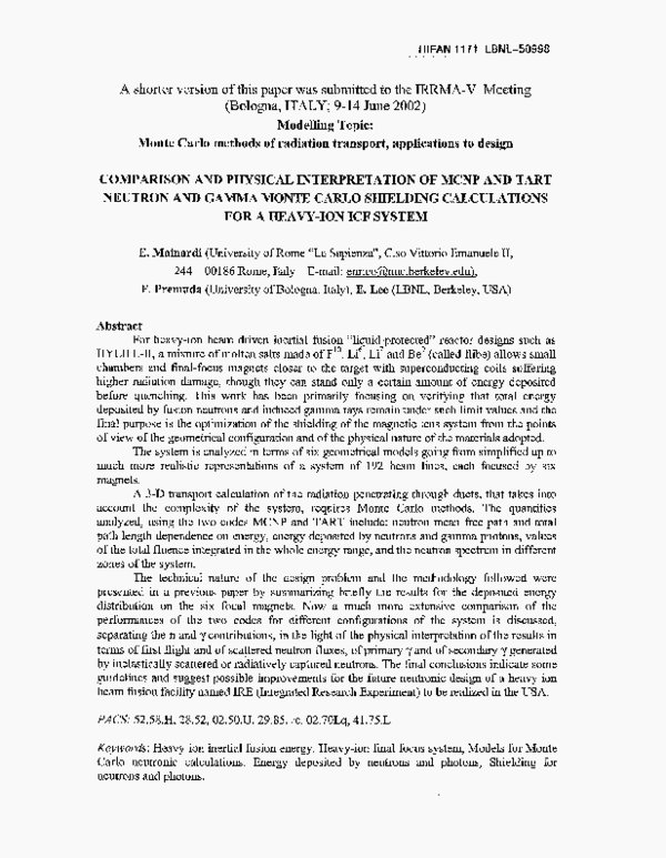 (PDF) Comparison and Physical Interpretation of MCNP and TART Neutron and Gamma Monte Carlo ...