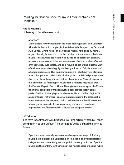 (PDF) Reading for ‘African Spectralism’ in Latozi Mphahleni’s ‘Modokali’