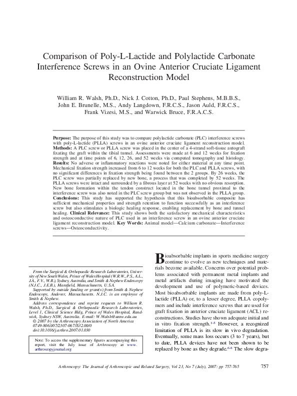 (PDF) Comparison of Poly-L-Lactide and Polylactide Carbonate Interference Screws in an Ovine ...