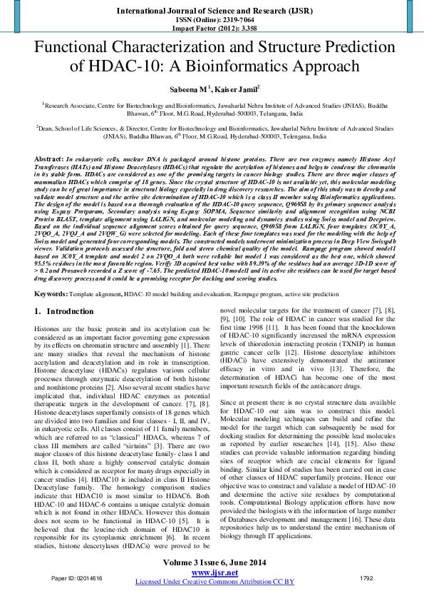 (PDF) Functional Characterization and Structure Prediction of HDAC-10: A Bioinformatics Approach