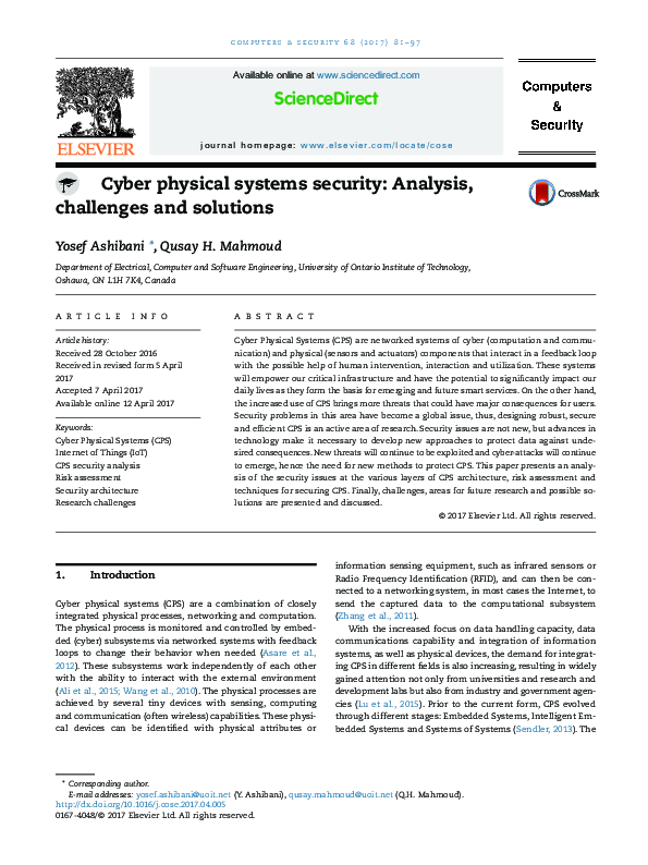 (PDF) Cyber physical systems security: Analysis, challenges and solutions