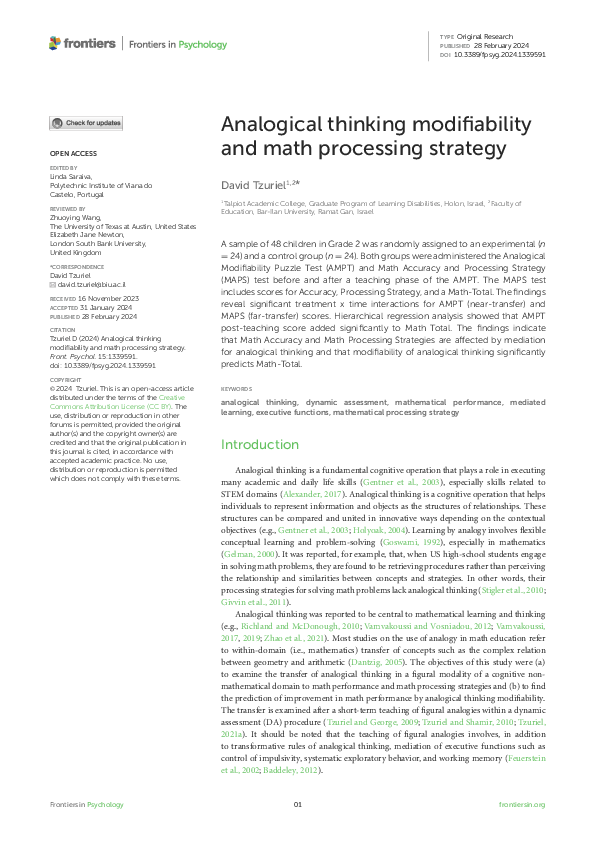 (PDF) Analogical thinking modifiability and math processing strategy