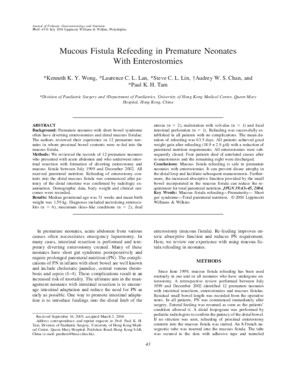 (PDF) Mucous Fistula Refeeding in Premature Neonates With Enterostomies