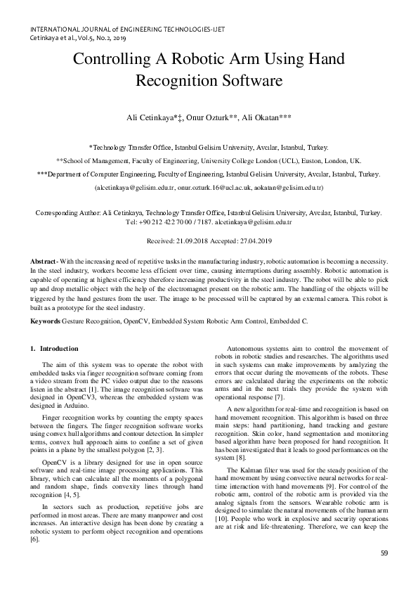 (PDF) Controlling A Robotic Arm Using Hand Recognition Software