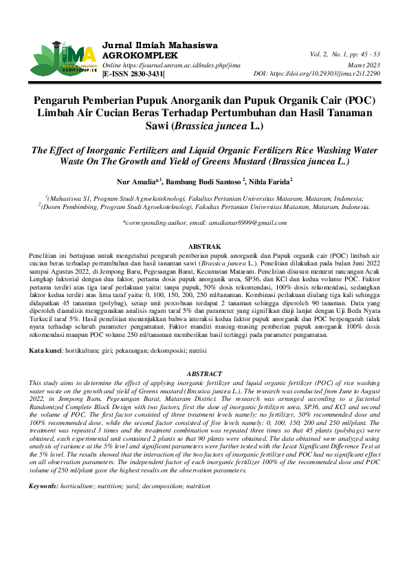 (PDF) Pengaruh Pemberian Pupuk Anorganik dan Pupuk Organik Cair (POC) Limbah Air Cucian Beras ...