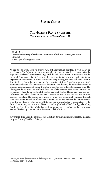 (PDF) THE NATION’S PARTY UNDER THE DICTATORSHIP OF KING CAROL II ...