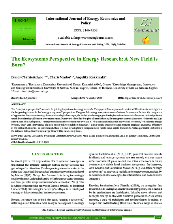 (PDF) The Ecosystems Perspective in Energy Research: A New Field is Born?