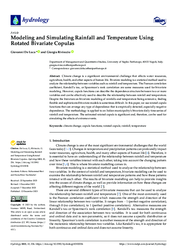 (PDF) Modeling and Simulating Rainfall and Temperature Using Rotated Bivariate Copulas