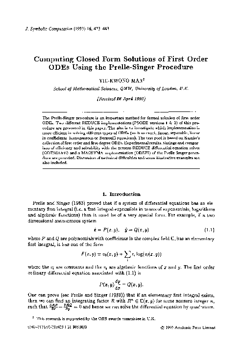 (PDF) Computing Closed Form Solutions of First Order ODEs Using the Prelle-Singer Procedure ...