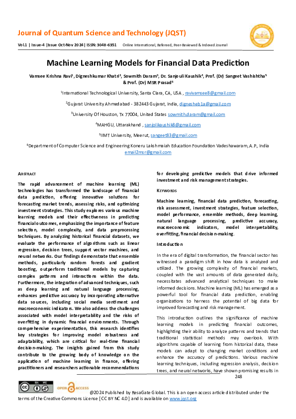 (PDF) Machine Learning Models for Financial Data Prediction