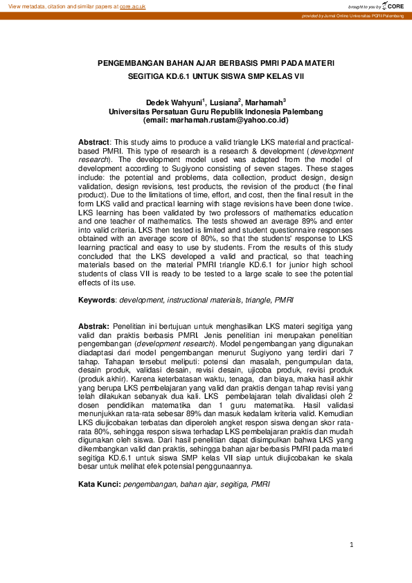 (PDF) Pengembangan Bahan Ajar Berbasis Pmri Pada Materi Segiempat Untuk Siswa SMP Kelas VII ...