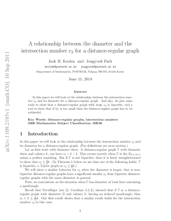 (PDF) A relationship between the diameter and the intersection number c2 for a distance-regular ...