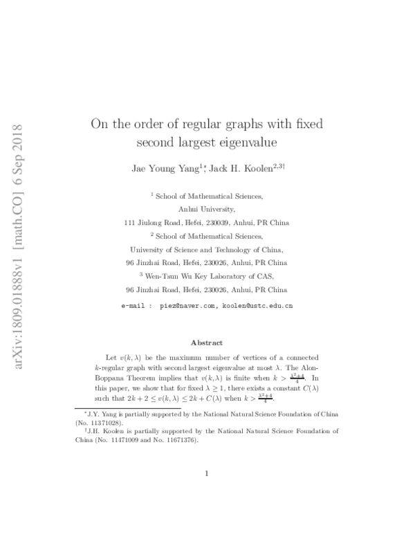 (PDF) On the order of regular graphs with fixed second largest eigenvalue