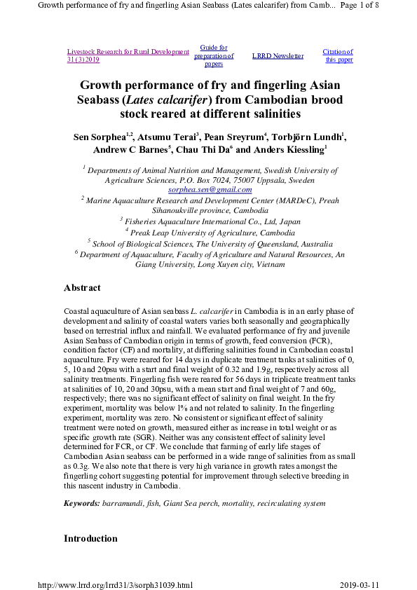 (PDF) Growth performance of fry and fingerling Asian Seabass (Lates ...