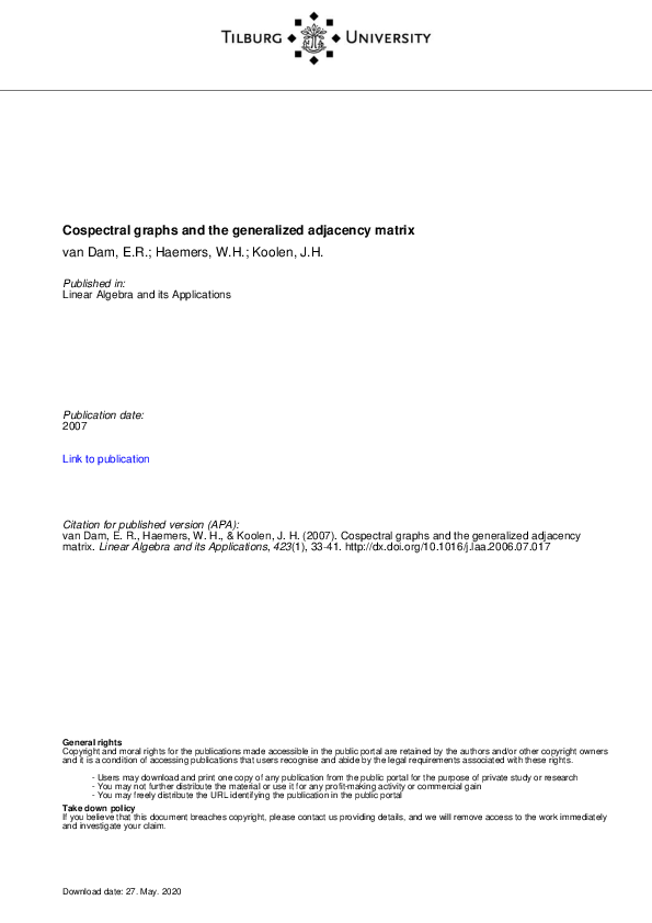 (PDF) Cospectral Graphs and the Generalized Adjacency Matrix | Jack Koolen - Academia.edu